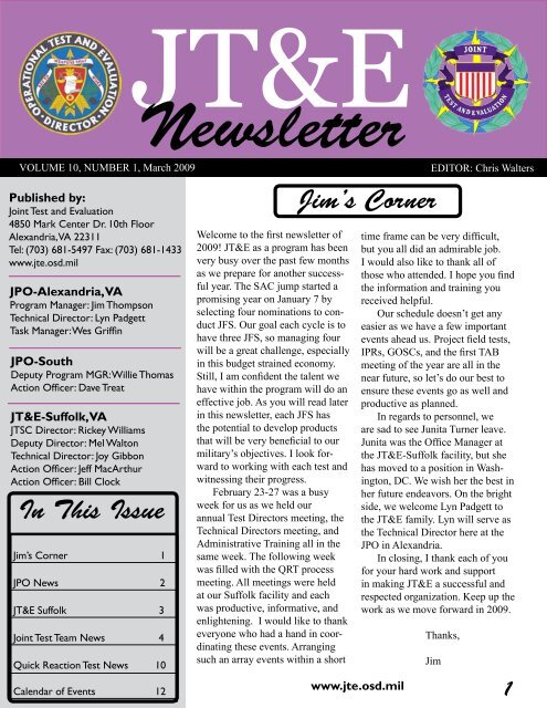Jim's Corner In This Issue - Joint Test and Evaluation Program