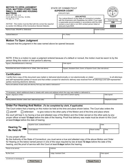 motion to open judgment - Connecticut Judicial Branch - CT.gov