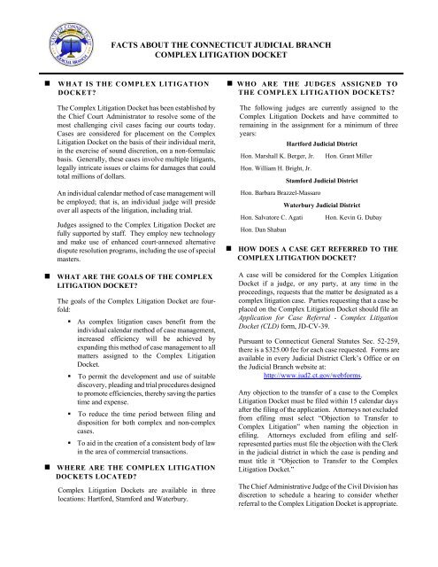 Facts About the Connecticut Judicial Branch Complex Litigation docket