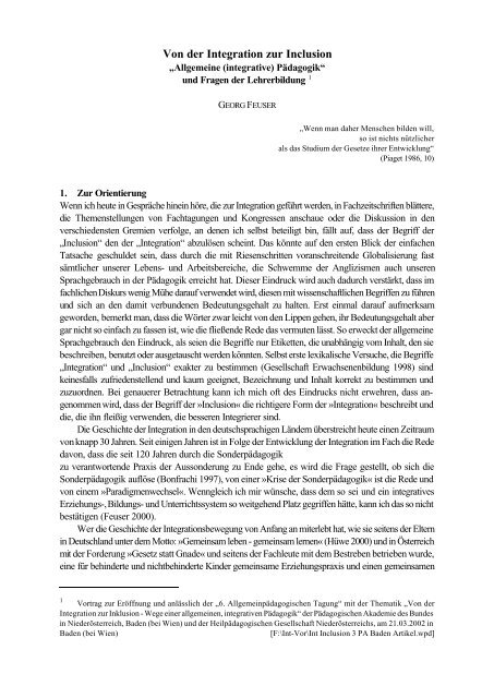 Von der Integration zur Inclusion - Prof. Dr. Georg Feuser