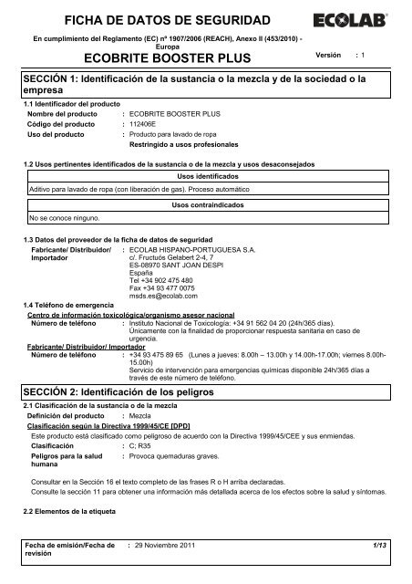 ficha de datos de seguridad ecobrite booster plus - Jumadi