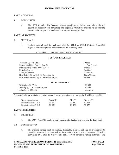 SECTION 02802 -TACK COAT STANDARD SPECIFICATIONS FOR ...