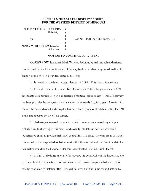 Motion to Continue trial setting in US v. Clark, et al, WDMo