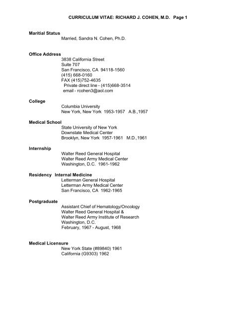 CURRICULUM VITAE: RICHARD J. COHEN, M.D. ... - JurisPro.com