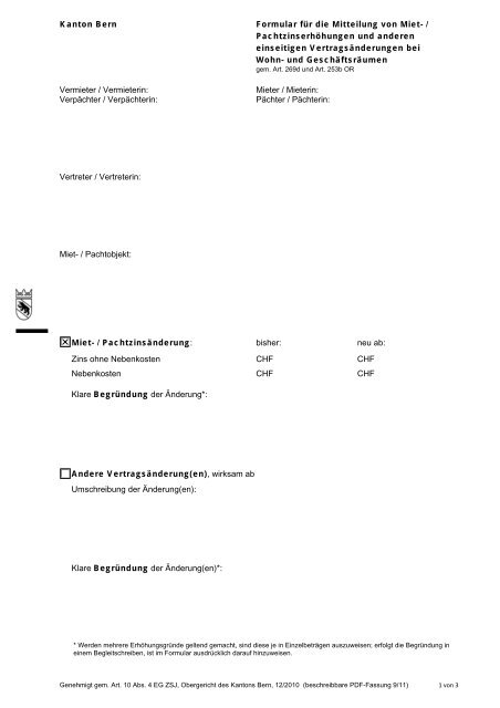 Kanton Bern Formular für die Mitteilung von Miet ...