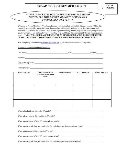 PRE-AP BIOLOGY SUMMER PACKET