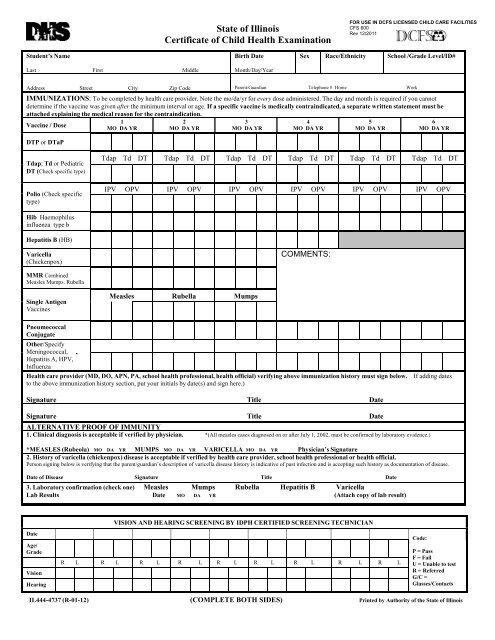 State of Illinois Certificate of Child Health Examination