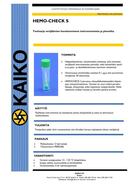 HemoCheck S esite ja käyttöohje - Kaiko