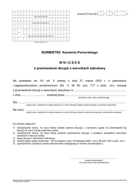 Wniosek o przeniesienie decyzji o warunkach zabudowy