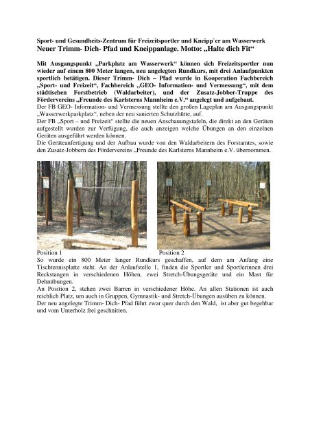 Neuer Trimm- Dich- Pfad und Kneippanlage. Motto: „Halte dich Fit“