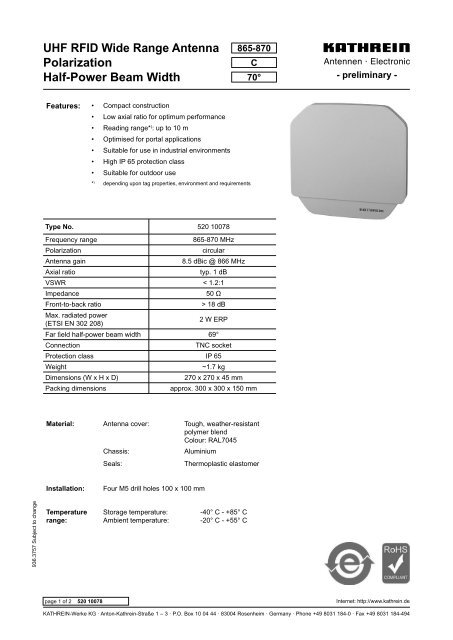 9363757; UHF RFID Wide Range Antenna - 52010078