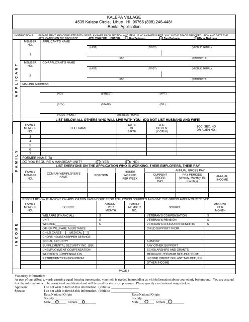 Kalepa Village Rental Application - County of Kauai