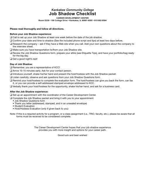 Job Shadow Checklist - Kankakee Community College
