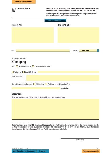 601550: Formular fÃ¼r die Mitteilung einer Kundigung des Vermieters ...