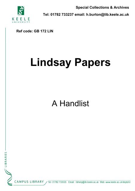 Handlist to the Lindsay Papers - Keele University