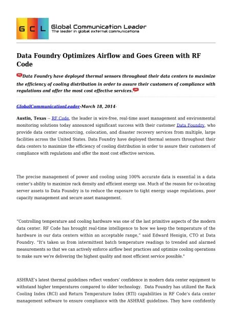 Data Foundry Optimizes Airflow and Goes Green with RF Code