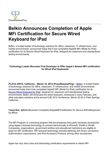 Belkin Announces Completion of Apple MFi Certification for Secure Wired ...