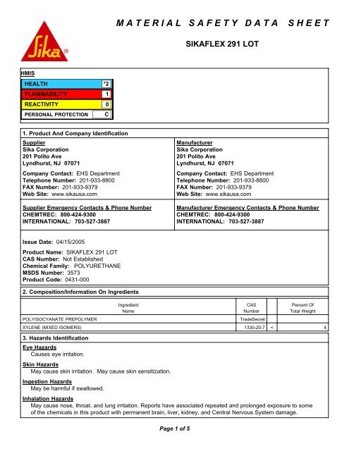 SikaflexÂ®-291 LOT MSDS - Kellogg Marine Supply