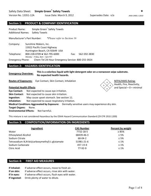MSDS for Simple Green Safety Towels - Kellogg Marine Supply