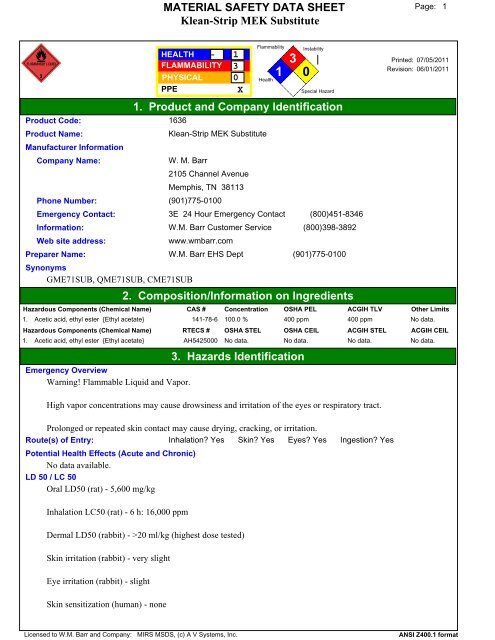 Klean-Strip MEK Substitute MATERIAL SAFETY DATA ... - WM Barr