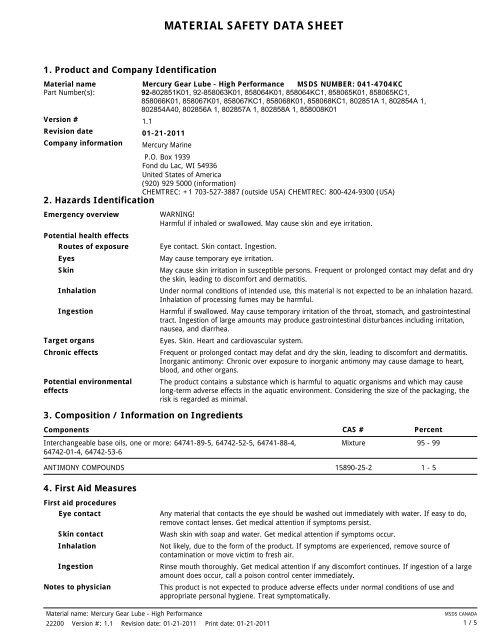 Gear Lube - High Performance MSDS 041-4704K ... - Mercury Marine
