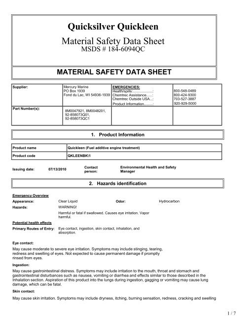Quicksilver Quickleen Material Safety Data Sheet - Mercury Marine