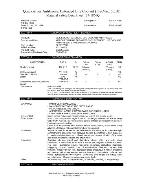 Quicksilver Antifreeze, Extended Life Coolant (Pre ... - Mercury Marine