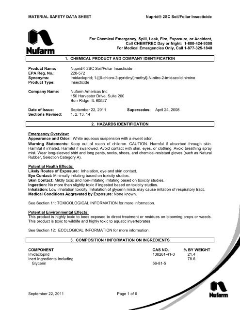 MATERIAL SAFETY DATA SHEET Nuprid® 2SC Soil/Foliar ...
