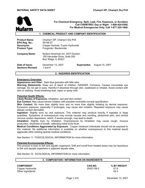 MATERIAL SAFETY DATA SHEET Champ® DP, Champ® Dry Prill ...