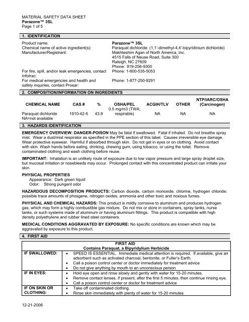 MATERIAL SAFETY DATA SHEET Parazone™ 3SL Page 1 of 5 1 ...