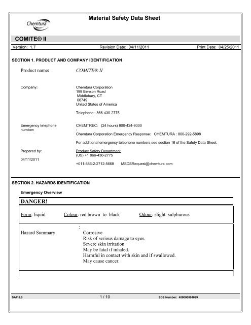 Material Safety Data Sheet COMITE® II DANGER!