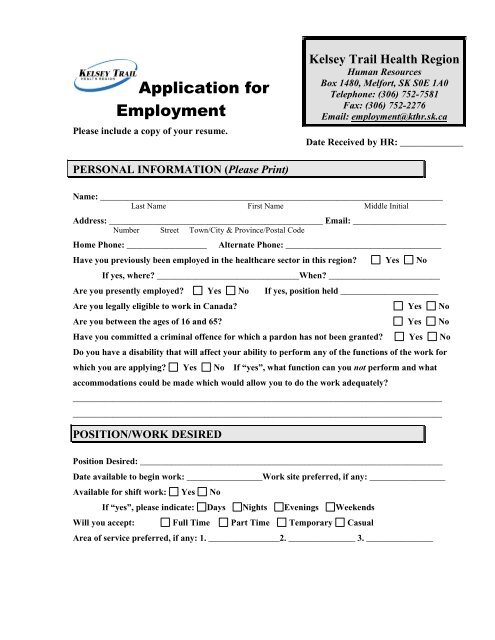 KTHR External Application Form - Kelsey Trail Health Region