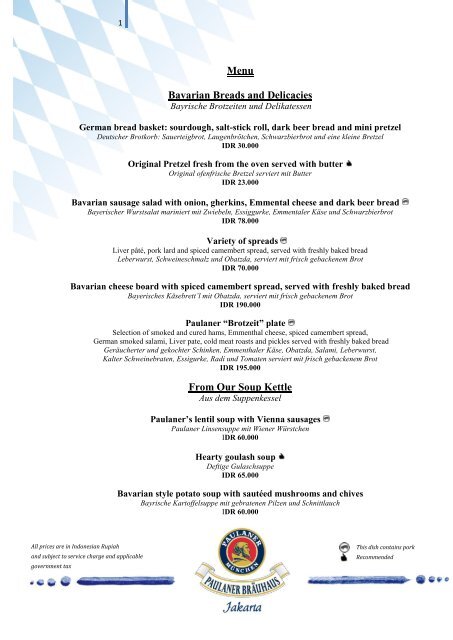 Paulaner Menu