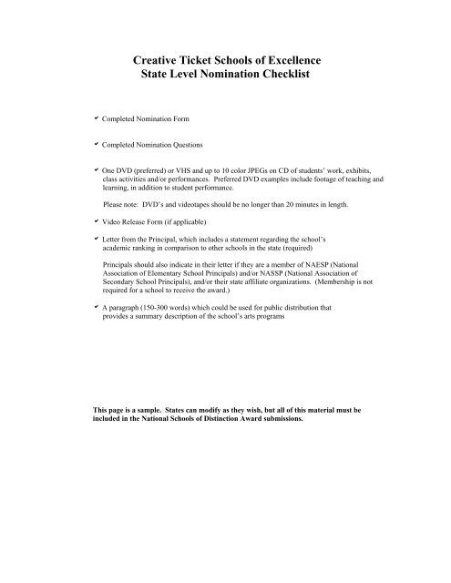 Creative Ticket Schools of Excellence State Level Nomination ...