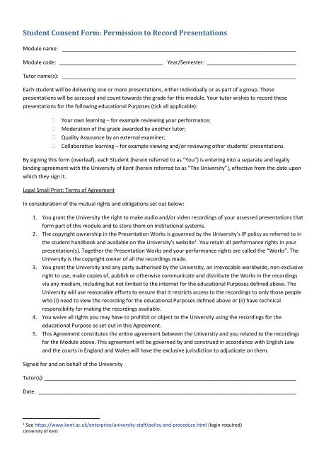 Consent Form: Permission to Record Presentations - University of Kent