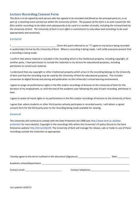 Lecture Recording Consent Form - University of Kent