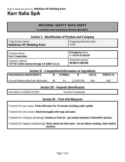 belleGlass HP Modeling Resin - MSDS - EU - Kerr