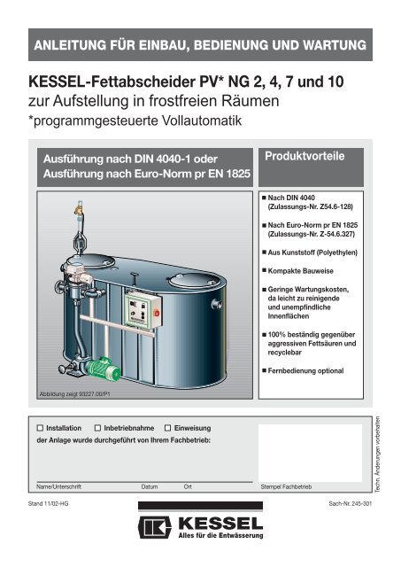 KESSEL-Fettabscheider PV* NG 2, 4, 7 und 10 zur Aufstellung in ...