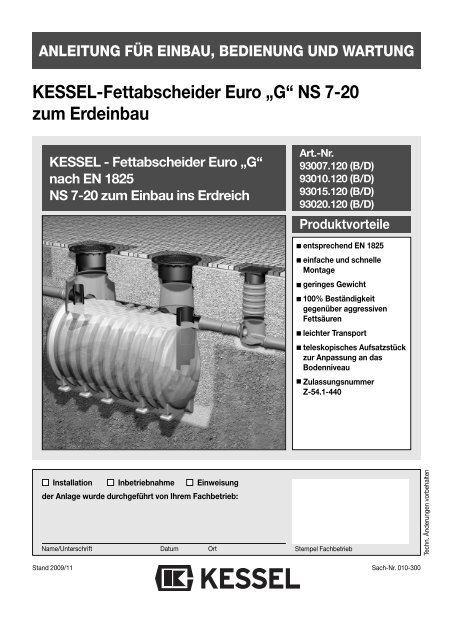 KESSEL-Fettabscheider Euro „G“ NS 7-20 zum Erdeinbau