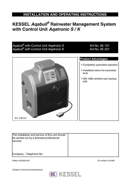 KESSEL Aqabull Rainwater Management System with Control Unit ...