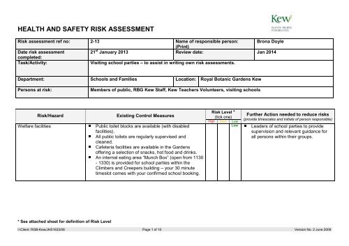 Generic risk assessment - Royal Botanic Gardens, Kew