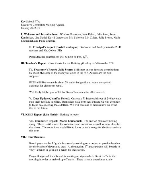 Key School PTA Executive Committee Meeting Agenda January 20 ...
