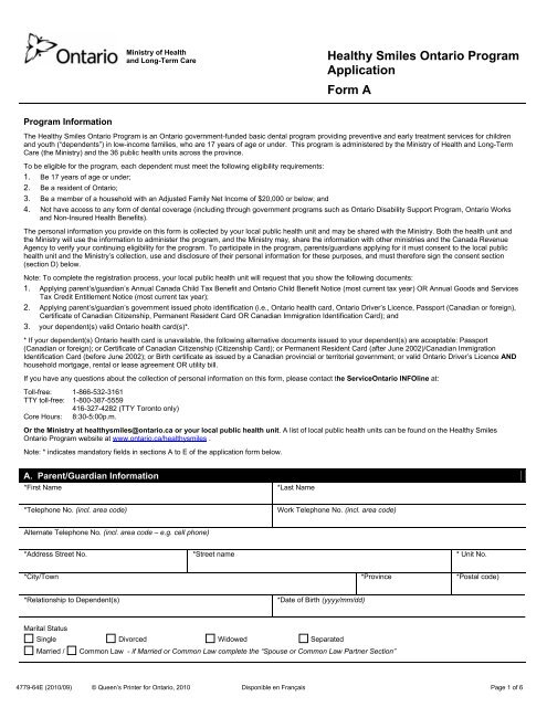 Healthy Smiles Ontario Program Application Form A