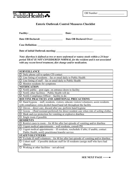 Enteric Outbreak Control Measures Checklist - KFL&A Public Health