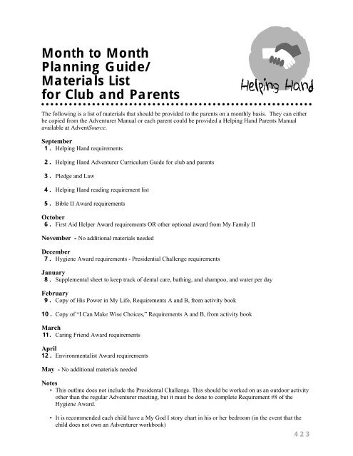 Helping Hand Month to Month Planning Guide ... - KFW Adventurers