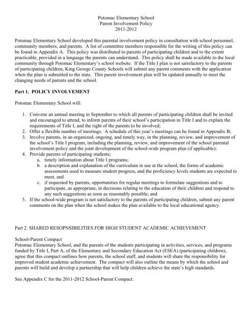 Potomac Elementary School Parent Involvement Policy 2011-2012 ...