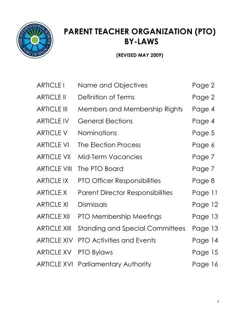 PARENT TEACHER ORGANIZATION (PTO) BY-LAWS