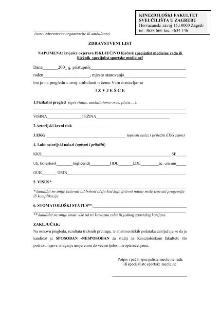 Obrasci lijecnicki - Kineziološki fakultet