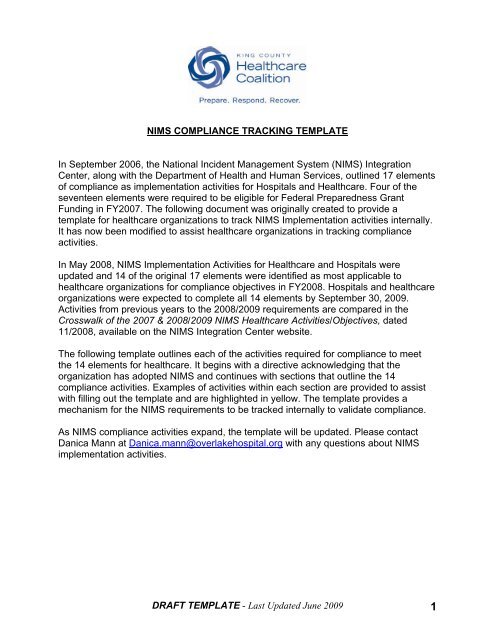 NIMS COMPLIANCE TRACKING TEMPLATE In September 2006 ...