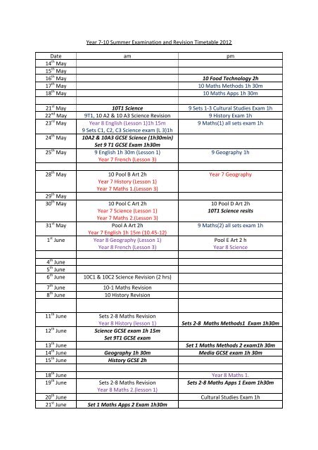 Year 7-10 Summer Examination and Revision Timetable 2012 Date ...